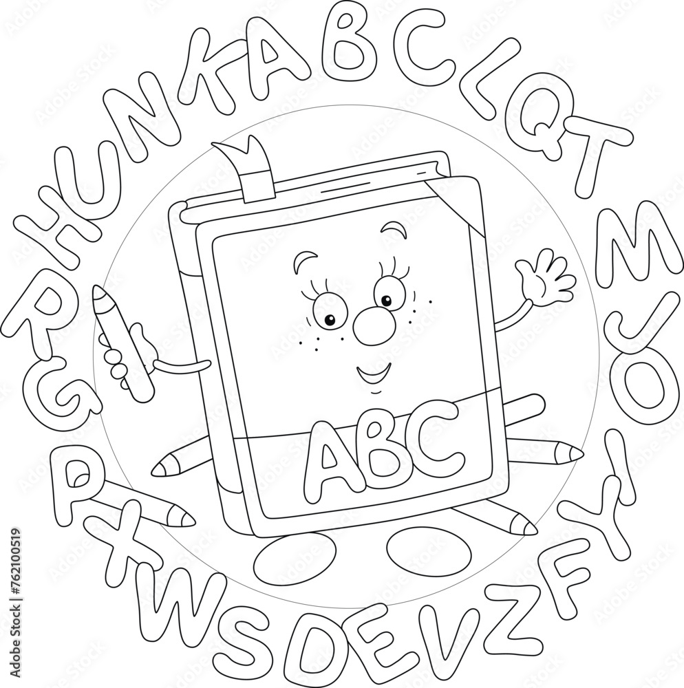 Funny cartoony ABC book surrounded by toy letters of alphabet, friendly ...