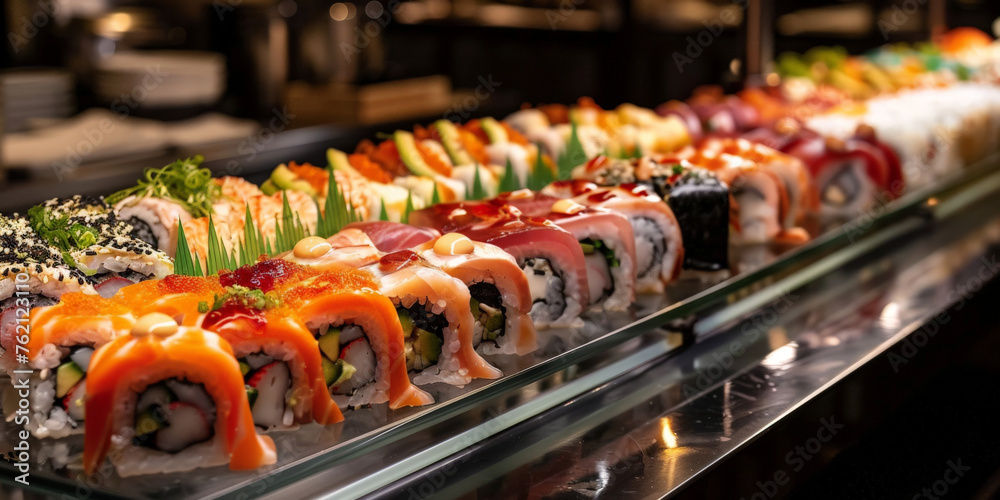 elegant sushi bar with a long glass counter displaying different types ...