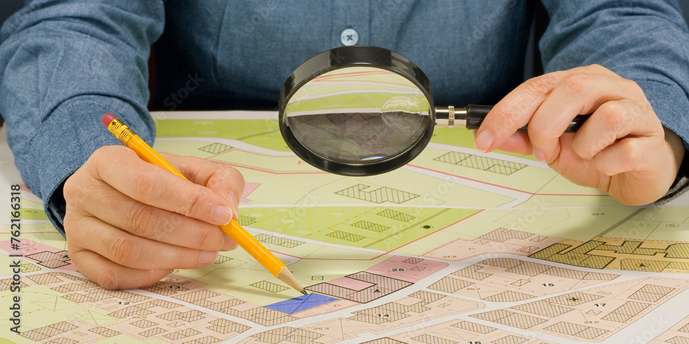 Buildings Permit concept with imaginary cadastral map and General Urban ...