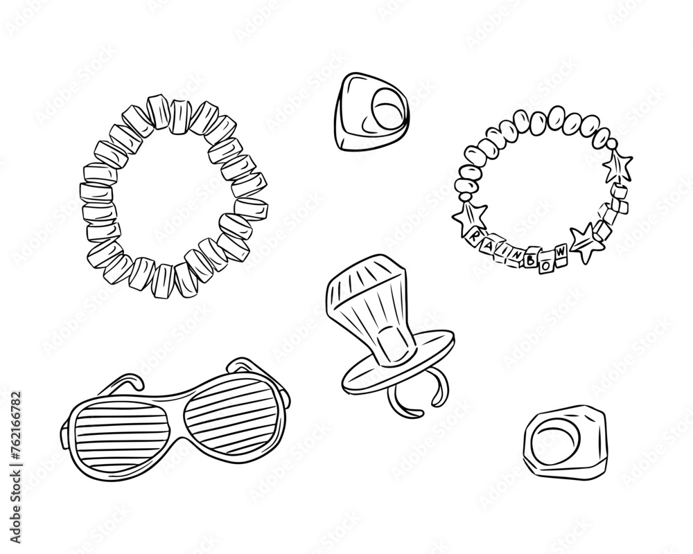 Black outline sketchy drawings of accessories from 90s. Vector hand ...