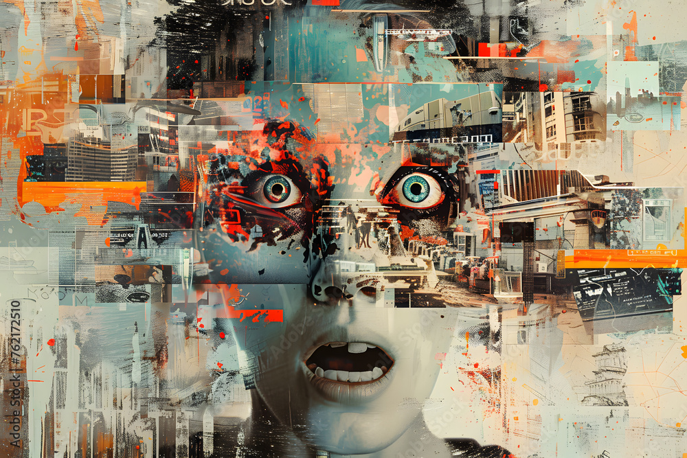 A complex digital collage blending urban imagery and intense human eyes ...