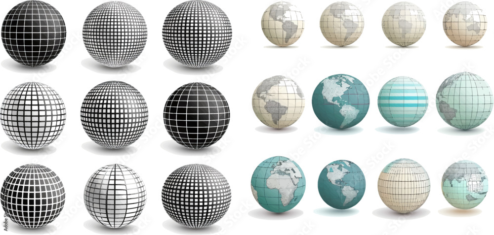 Striped 3D spheres, geometry globe grid, earth latitude and longitude line grid vector symbol ...