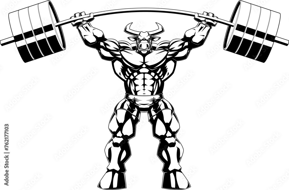 Outlined Muscular Bull Bodybuilder Mascot Lifting Big Barbell Vector ...