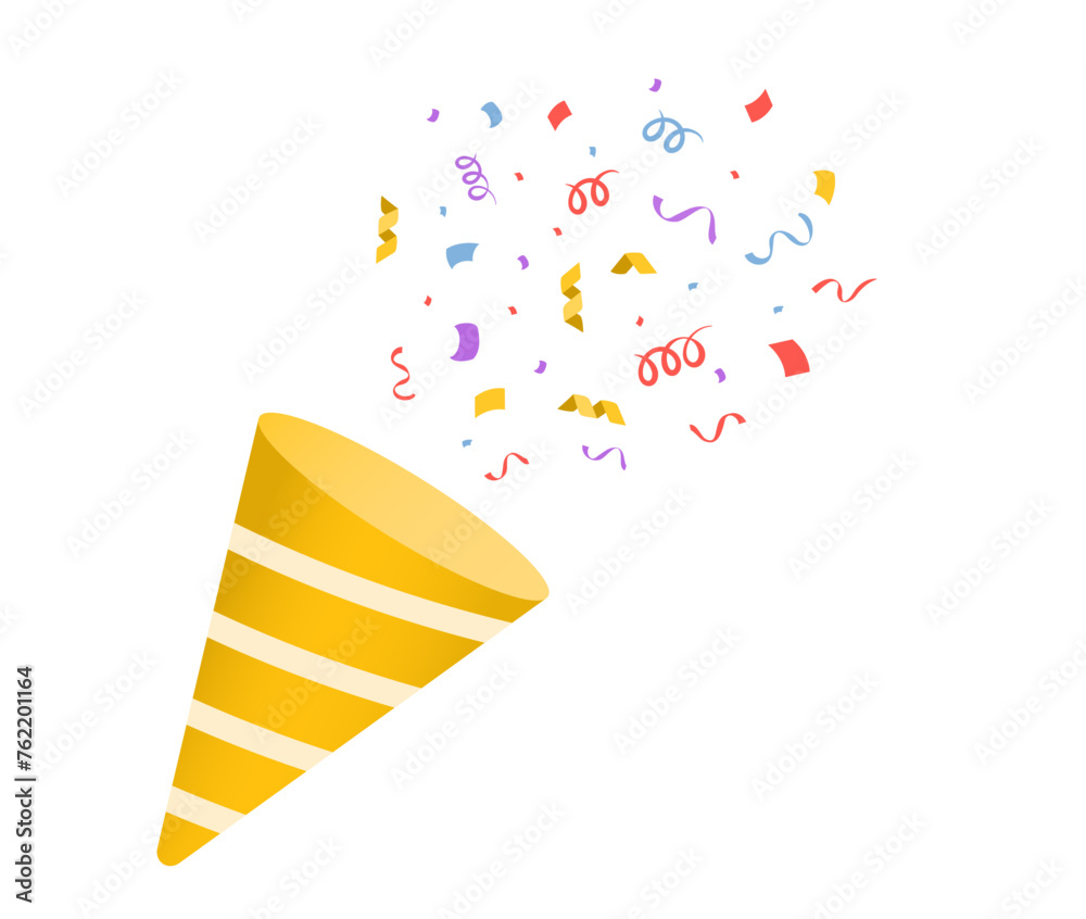 Firecracker in flat style with confetti and tinsel. Congratulations and ...