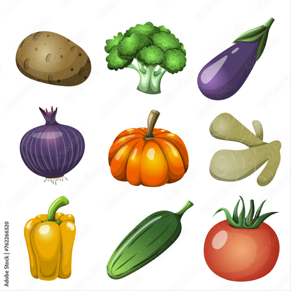 Vegetable vector set. Realistic cute food clipart illustrations. Potato ...