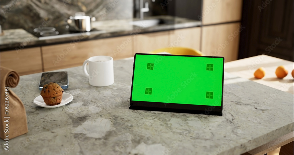 Tablet place on kitchen table, Green screen touchscreen, Close up ...