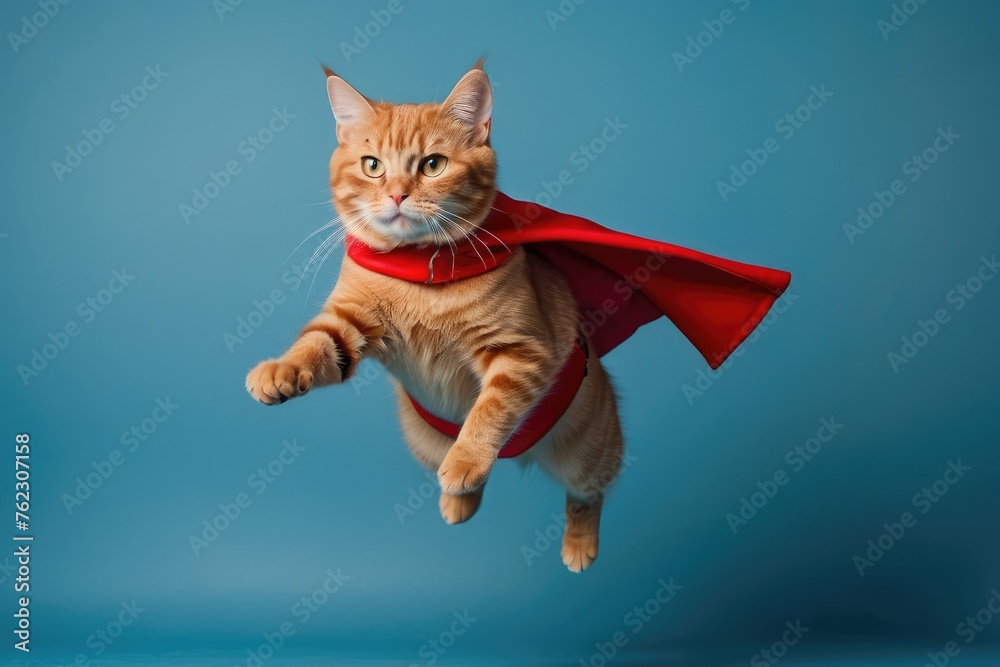 Superhero cat, cute orange cat wearing a red cape and mask, jumping and ...