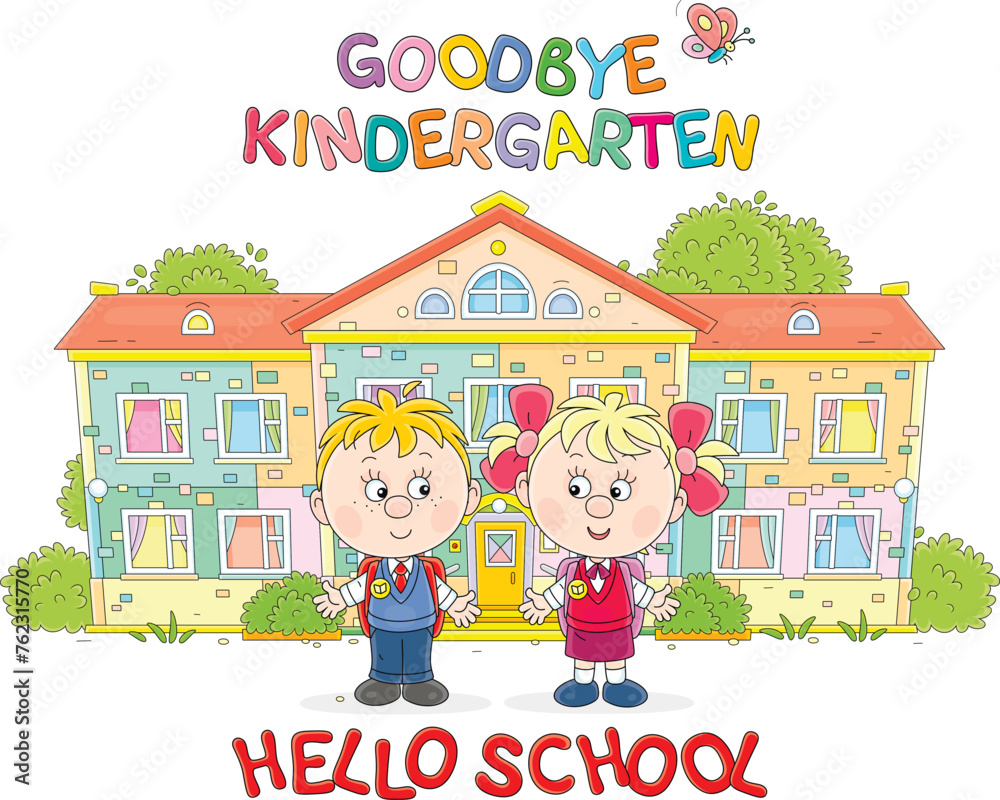 Greeting card with happy little schoolboy and schoolgirl first graders ...