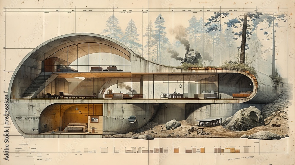 Detailed drawing of the layout of a nuclear bunker, showing the various ...