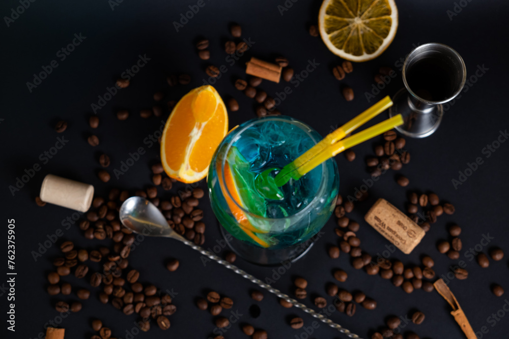 Set of alcoholic cocktails: Almond Whiskey Sour, Mango Daiquiri, Long ...