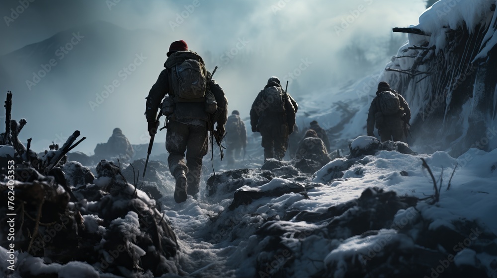 A group of military personnel in winter camouflage moves through a snow ...