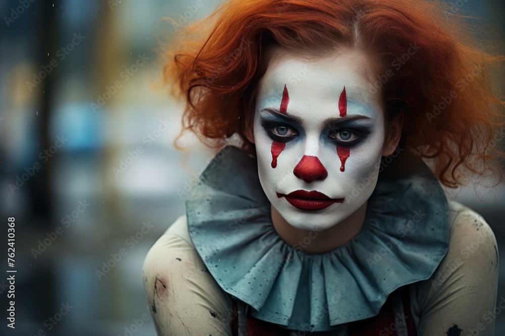 Theatrical Sad clown makeup woman. Unhappy circus female performer mime ...