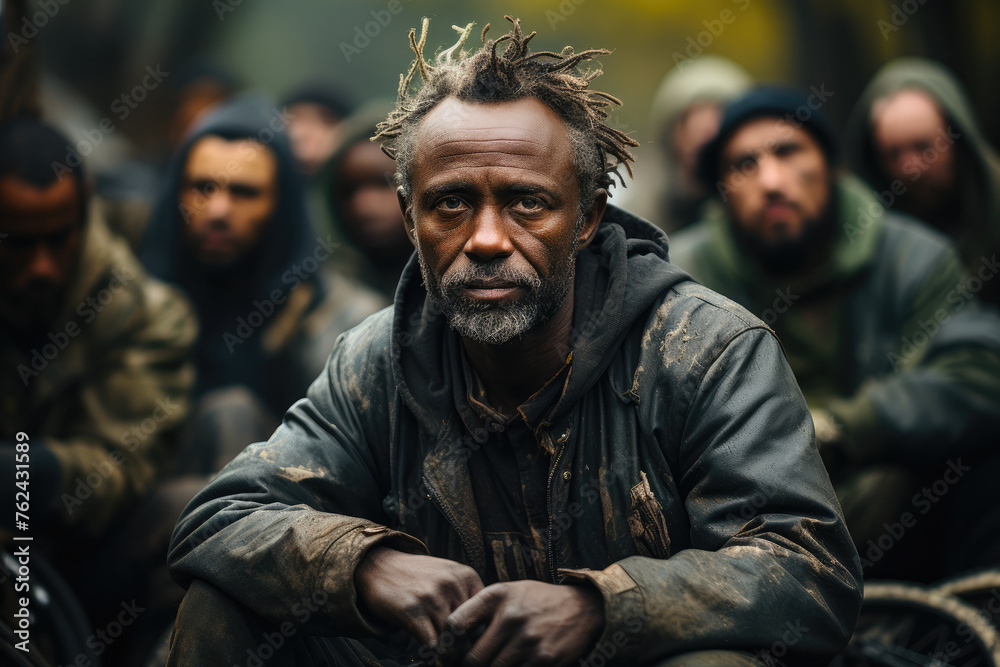 Close-up urban portrait of a resilient dark-skinned homeless individual ...