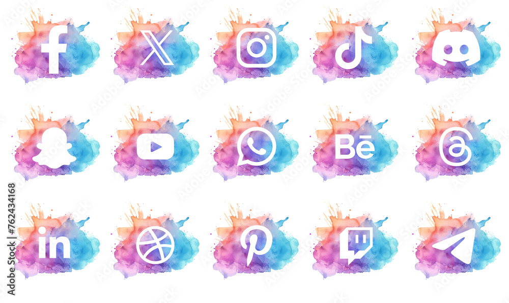 Cute colorful watercolor social media icons isolated on transparent ...