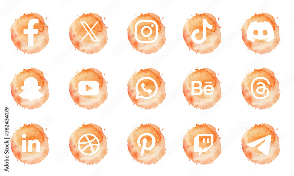 Cute orange watercolor social media icons isolated on transparent ...