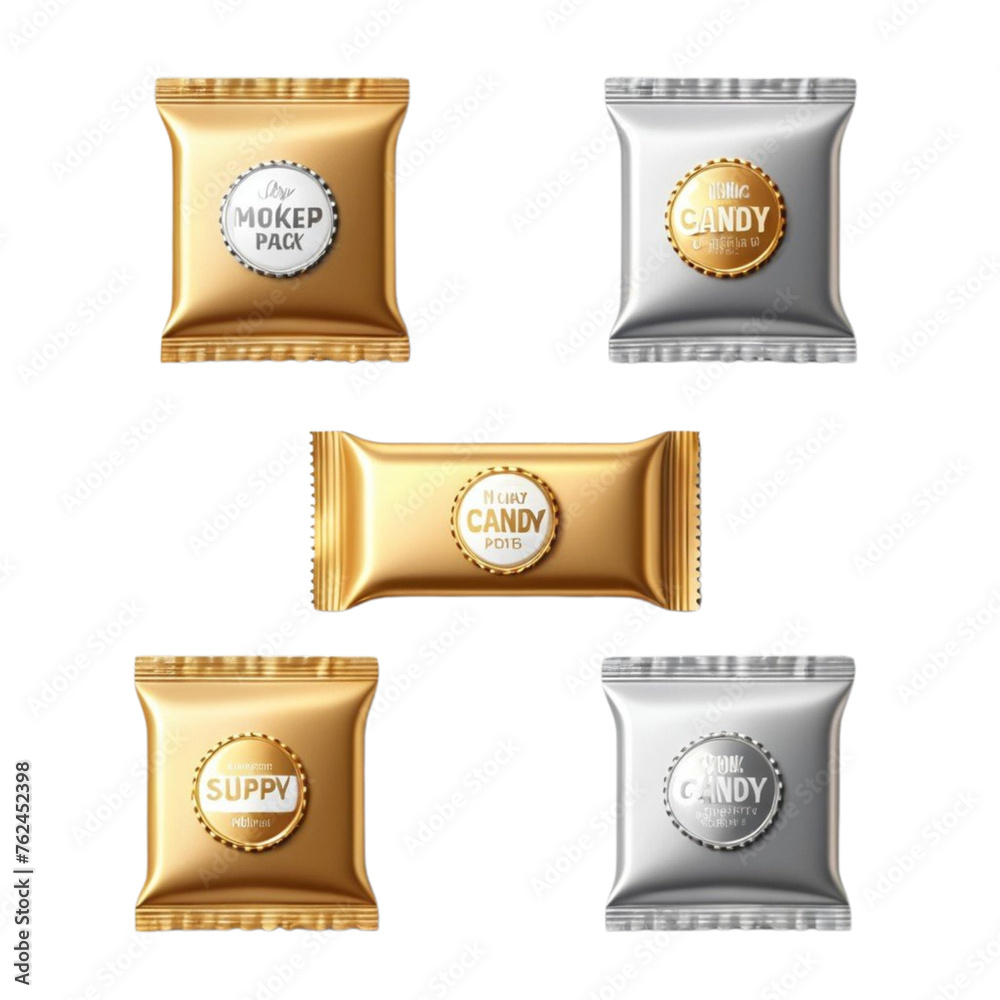 3d set of golden and silver candy packs on Isolated transparent ...