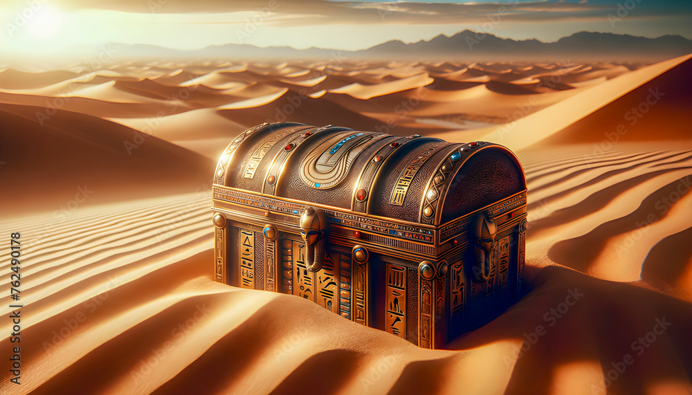 a sand desert treasure chest golden trunk ruins pyramid pharaoh mummy ...