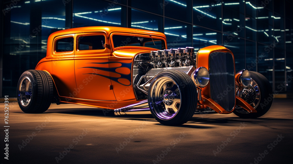 A custom-built hot rod on display at a car show, its unique design and ...