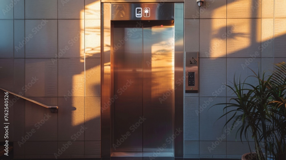 Elevator signage with symbol and text indicating the location of the ...