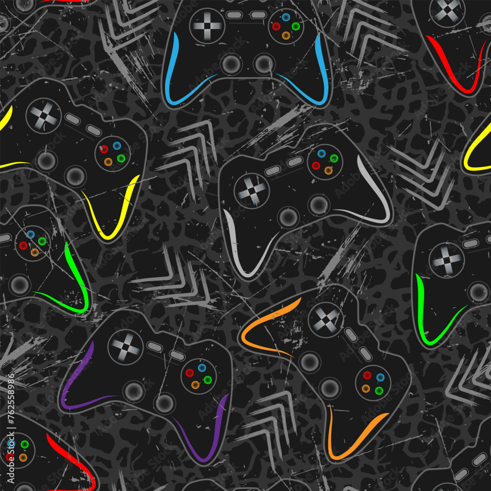 Vetor pattern for guys. games print with multicolored joysticks, gray ...