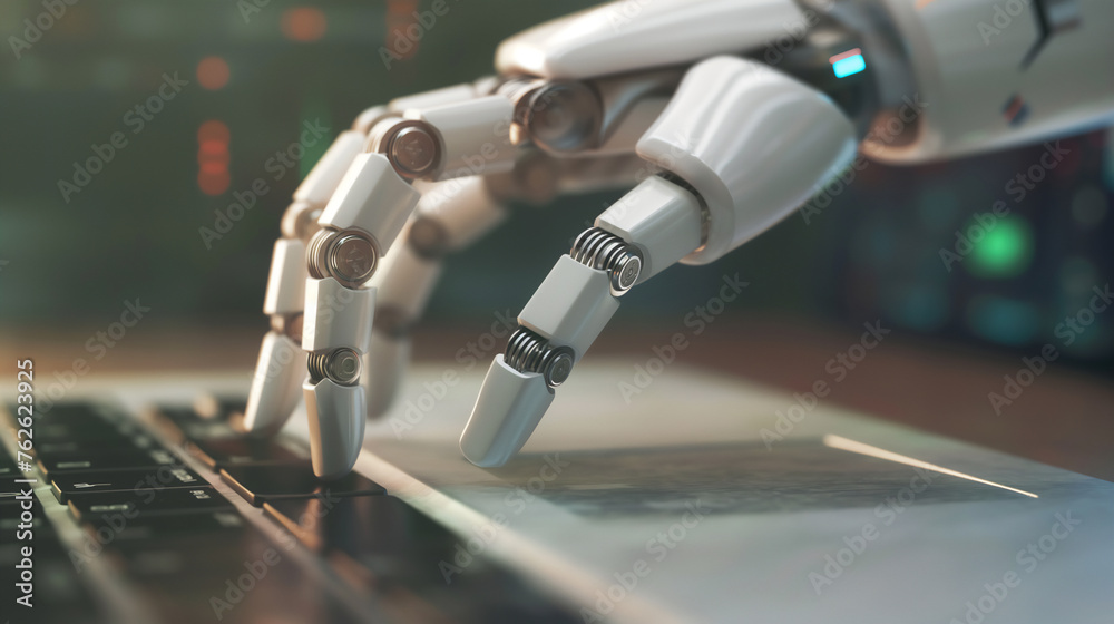 Artificially intelligent robot hand using a laptop, depicting the ...