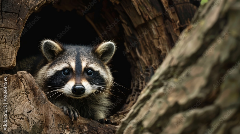 A Common Raccoon is peeking out of a hollow in a tree, observing its ...