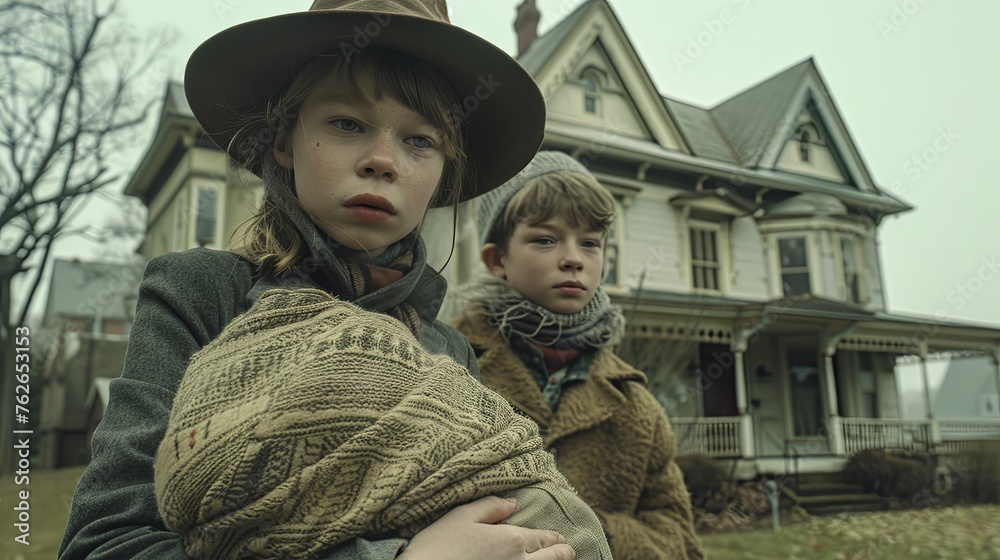 Two teenagers stand outside a two-story wooden house. The scene is ...
