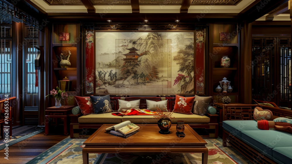 Chinoiserie interior design styles in a cozy living room setting ...
