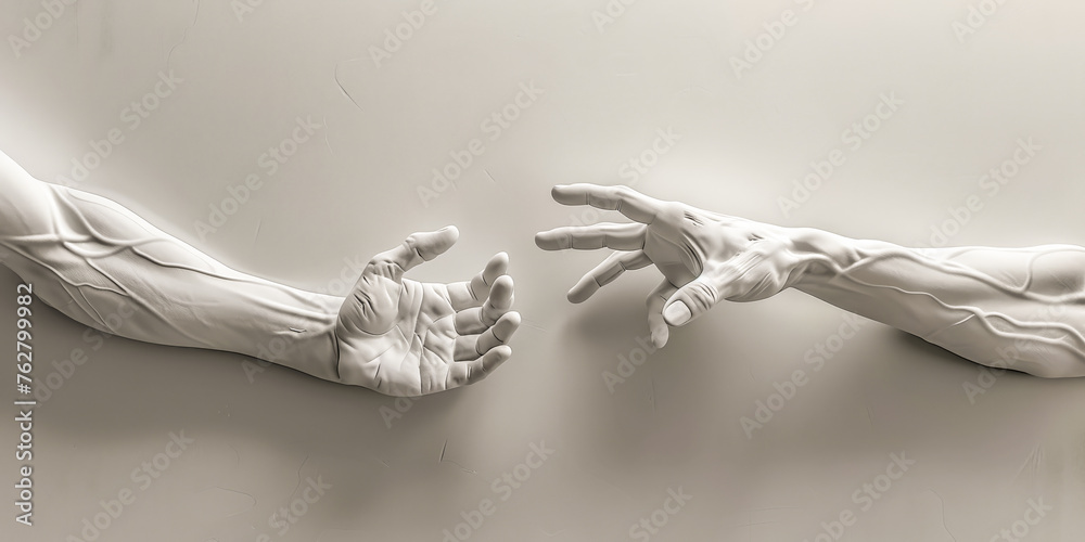 Two white hands touching each other made of plaster or other material ...