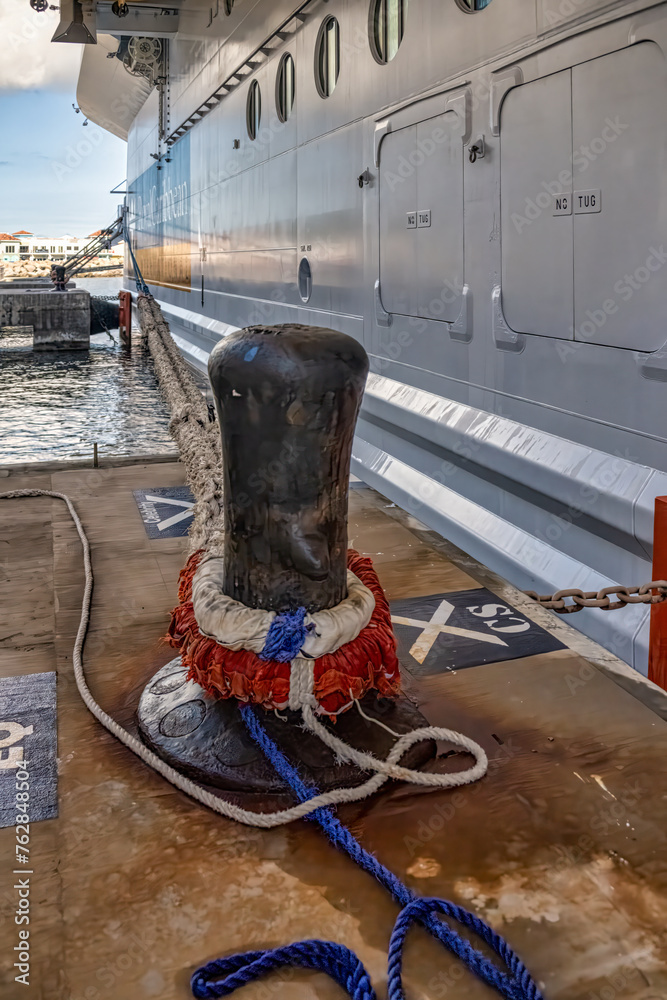 Sharp image of a mooring bollard with ropes on a ship's deck ...
