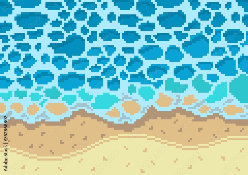 Pixel art sea landscape consist of wave, sea foam and sand with color ...