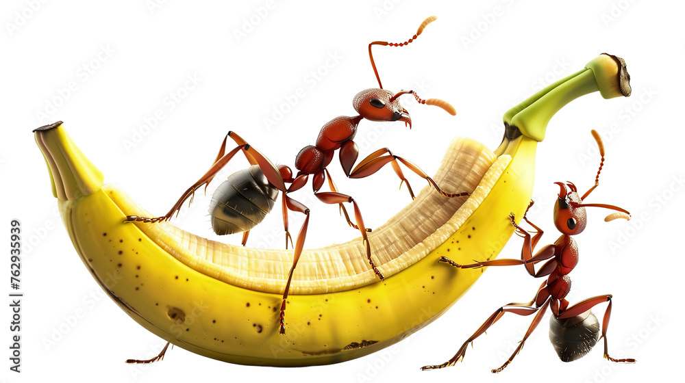 teamwork, 3 ants help each other to lift a peeled banana. Can easily ...