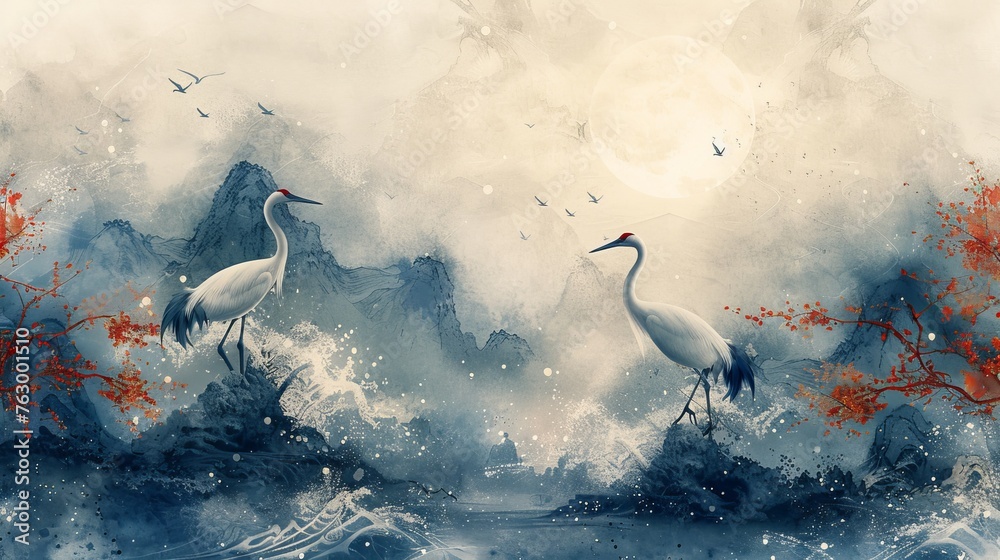 Birds elements with crane and blue watercolor texture painting on a ...