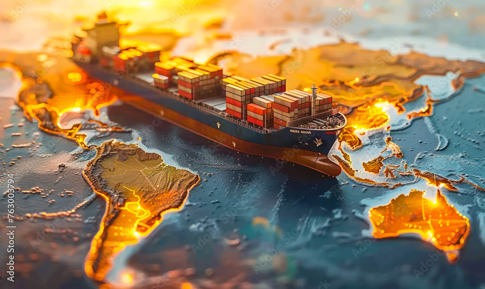Miniature cargo ship loaded with containers traversing over a golden ...