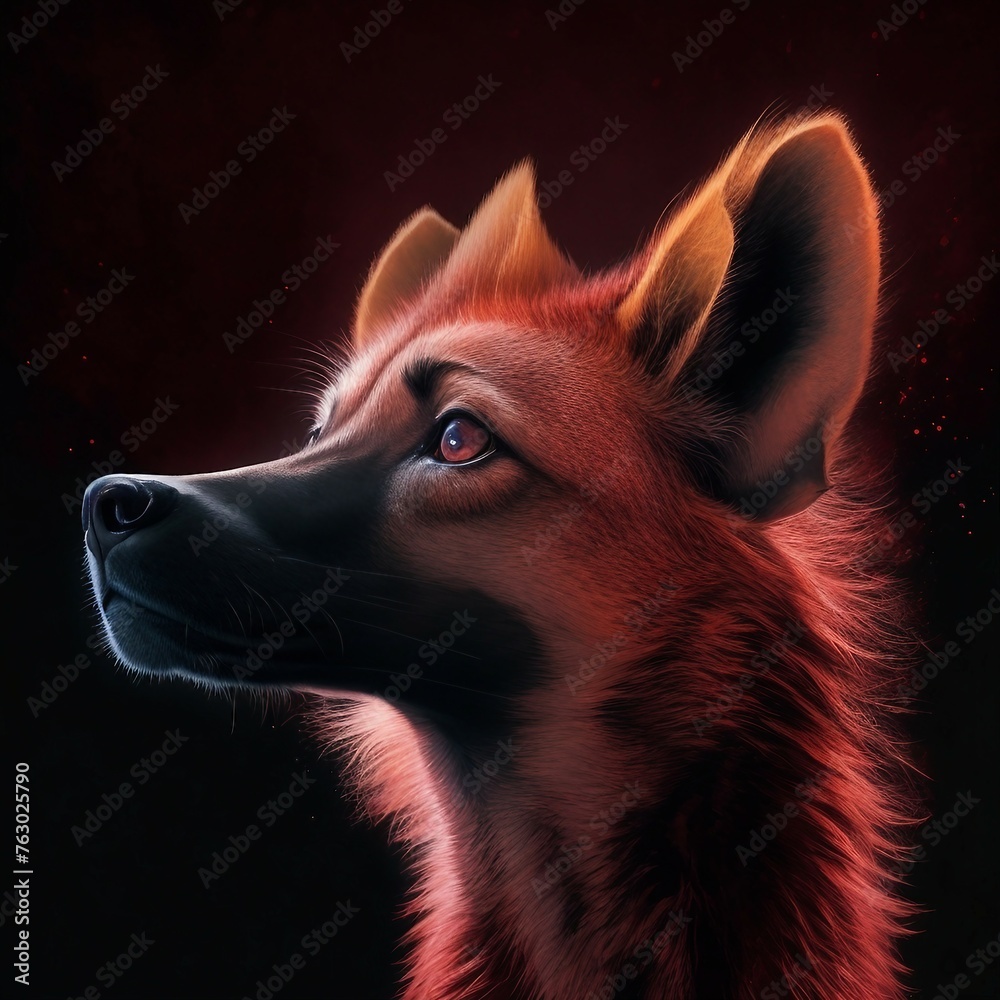 High Resolution. Generative AI. Realistic cosmic red hyena looking up ...