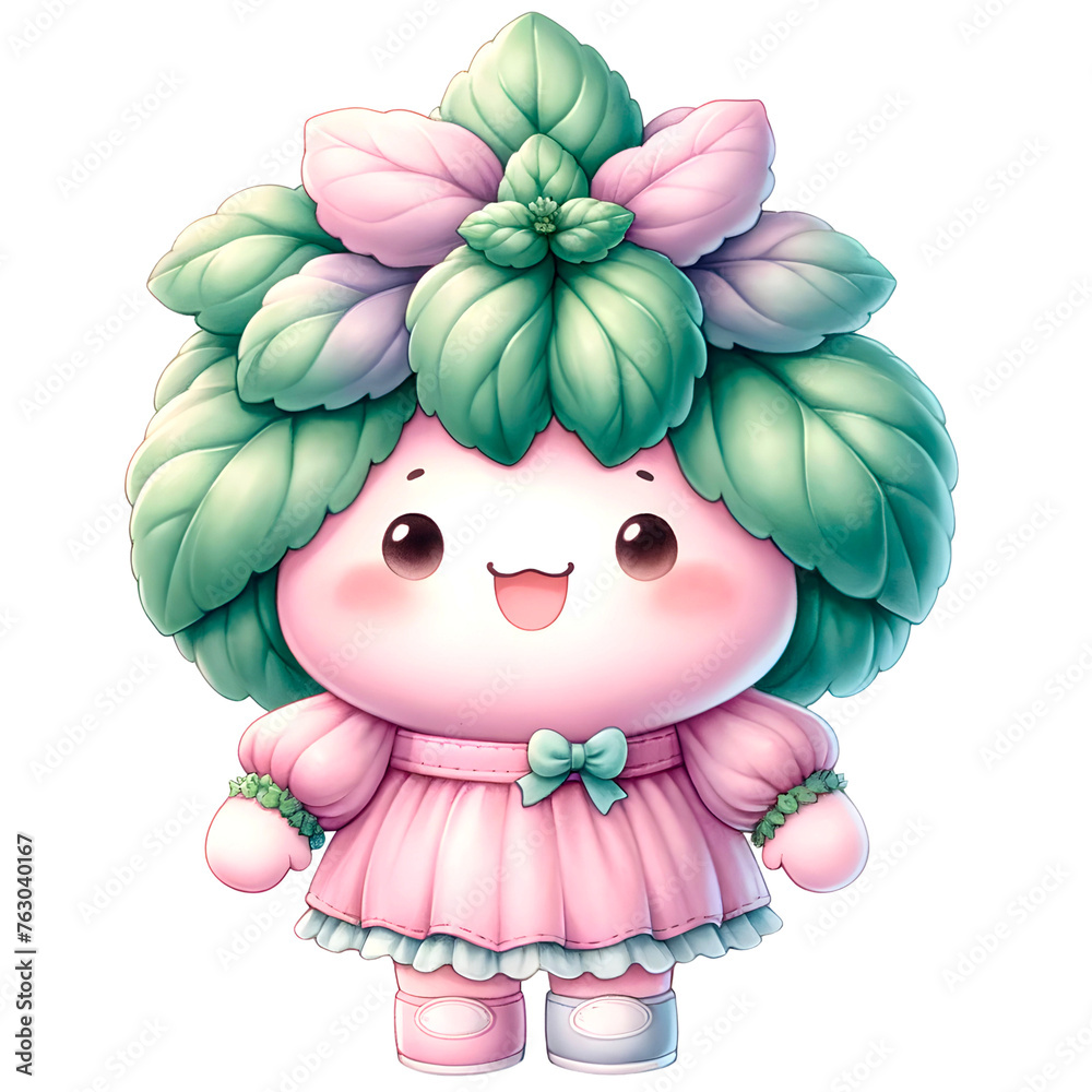 Cute Holy Basil vegetable character wearing cute pink pastel outfit ...