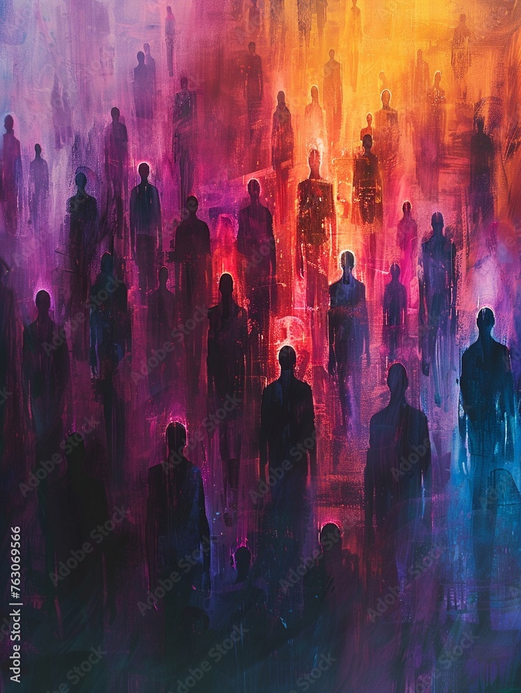 Capture the essence of a society where auras are visible - depict a ...