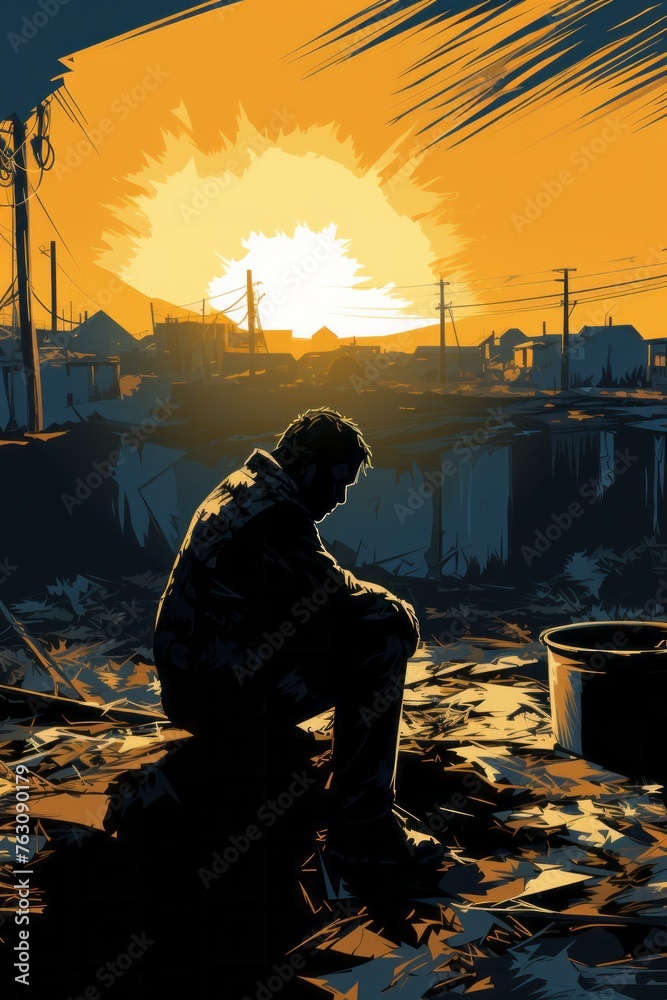 A painting depicting a homeless man sitting on the ground, warming ...