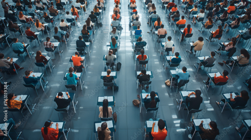 Rows of students seated in a large hall writing an exam. Stock Photo ...