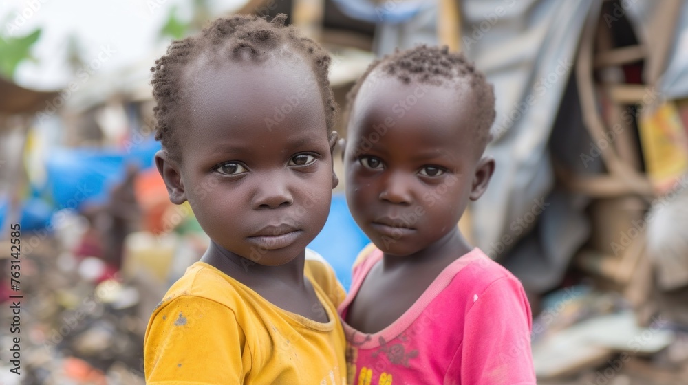 homeless poor African American children on the street, background of ...