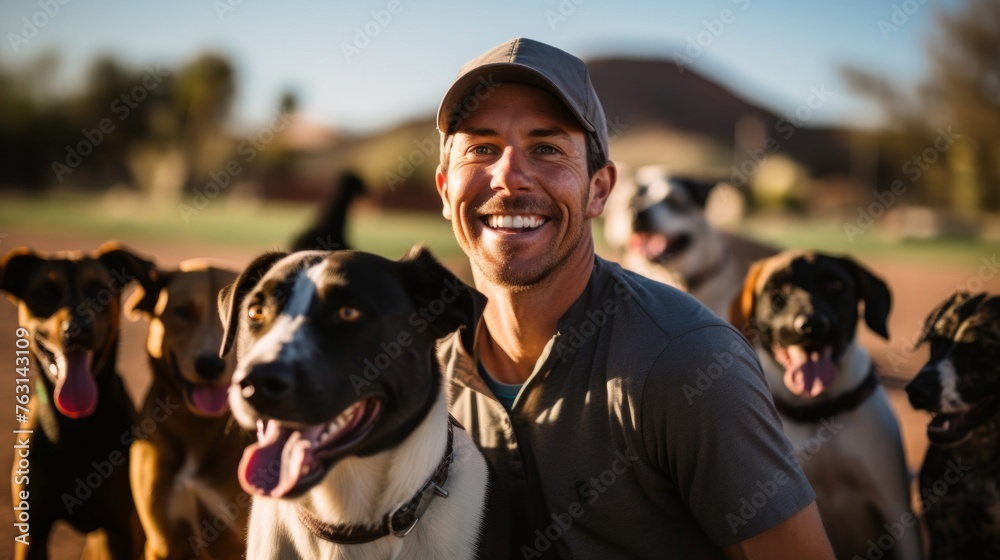 Busy dog park training trainer with multiple dogs of different breeds ...