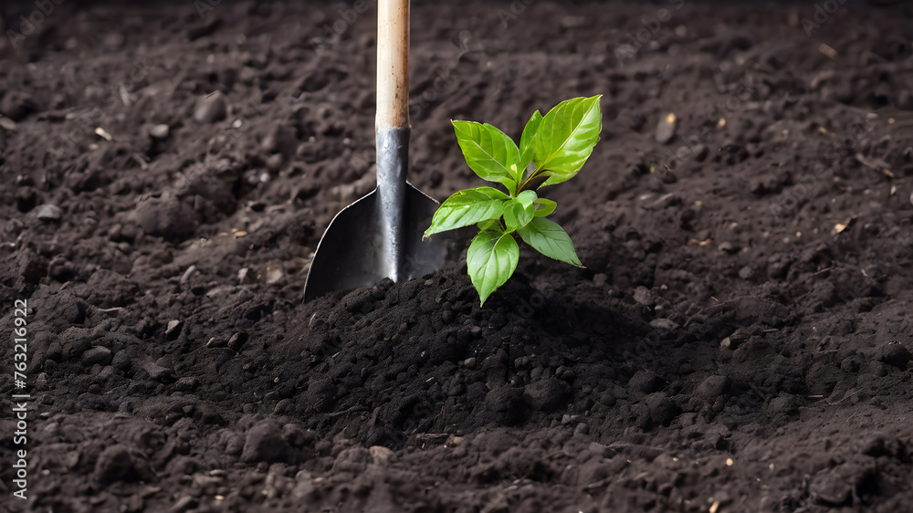 Planting trees with a spade to help increase oxygen in the air and ...