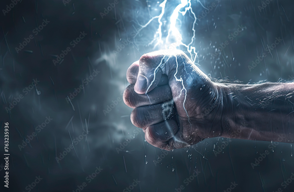 Lightning fist over a dark background, A fist of power hold the ...