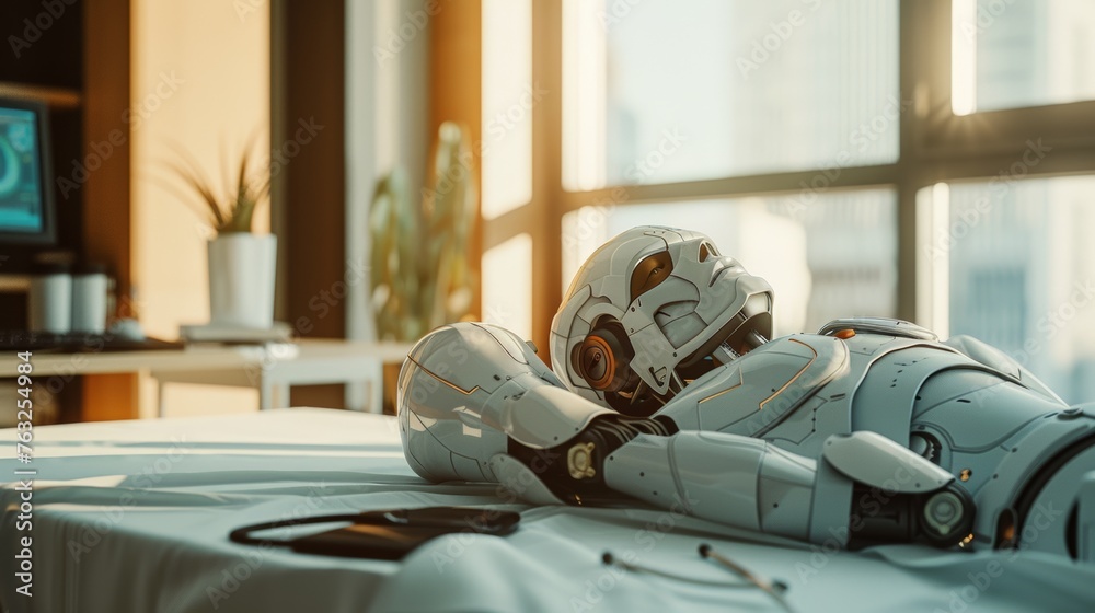 Humanoid robot lying on a bed, concept of AI in everyday life ...