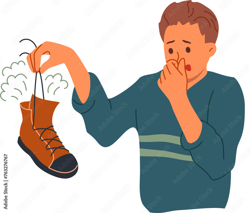 Smelly shoe in hands of man suffering from bad odor and symptoms of ...