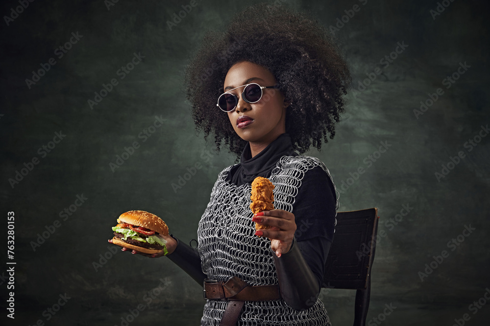 Fast food ads. African woman, medieval warrior in chainmail, sunglasses ...