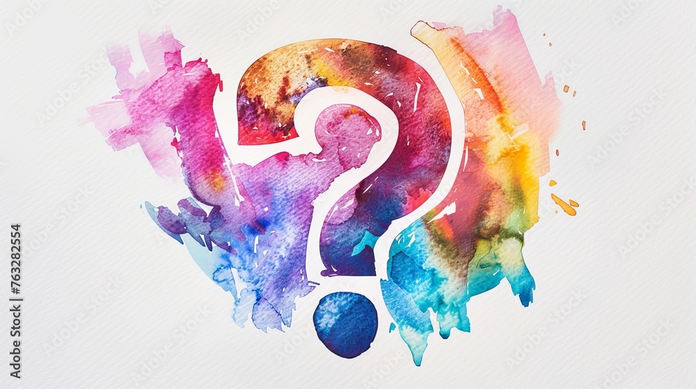 watercolor, the question mark logo, vivid hues, a backdrop of pure ...