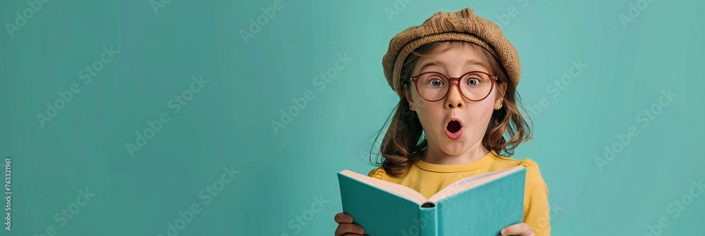 surprised or impressed girl in glasses holding open book against green ...