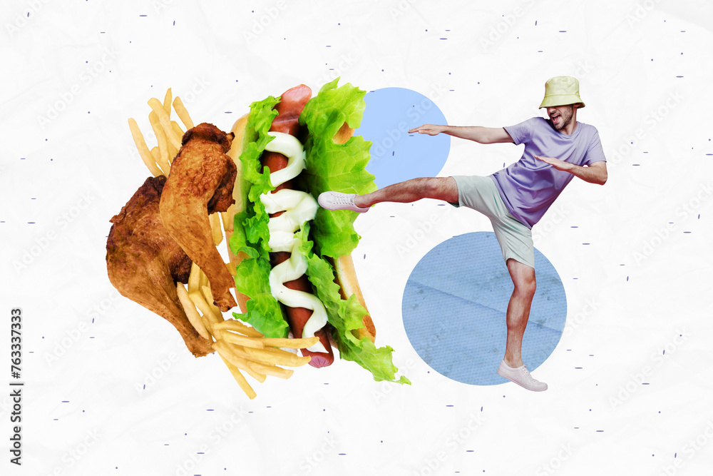 Composite photo collage of young man panama karate judo kick junk food ...