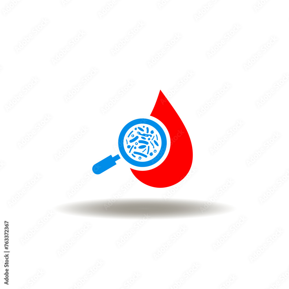 Vector illustration of blood drop and magnifier with viruses or ...